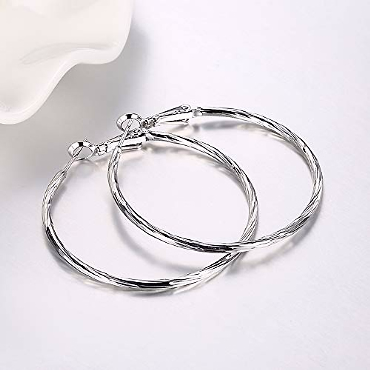 Hoop Earrings, 18K White Gold Plated Rounded Hoops Earrings for Women 46mm