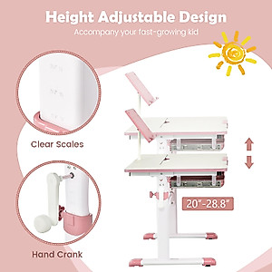 Costzon Kids Desk, Ergonomic Height-Adjustable Children Study Table w/Tiltable Desktop & Book Stand, Pull-Out Storage Drawer & Scale Ruler, Student Workstation for Writing, Drawing, Reading (Pink)