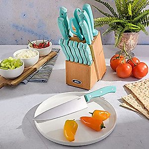 Oster Evansville 14 Piece Cutlery Set, Stainless Steel with Turquoise Handles -