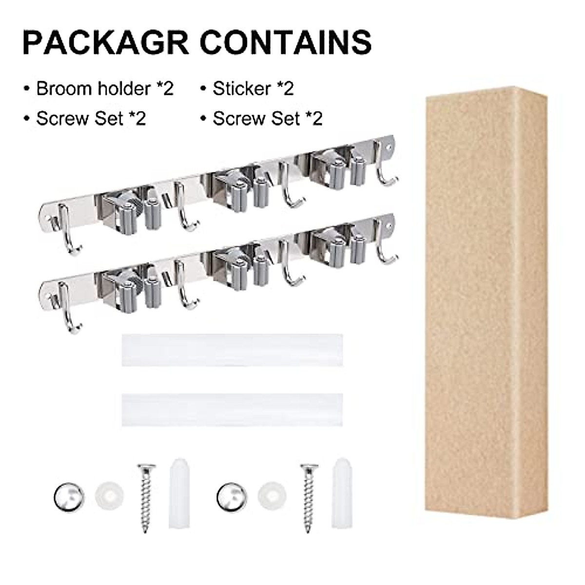 GDTOOLMMY Broom Holder Wall Mount, Stainless Steel Mop Holder Self Adhesive Durable Heavy Duty Broom Hanger Storage Rack for Home, Kitchen, Garden and Garage 5 Rack 4 Hooks(2pack)