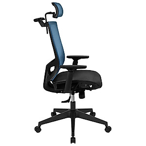 Flash Furniture Layla Ergonomic Mesh Office Chair with Synchro-Tilt, Pivot Adjustable Headrest, Lumbar Support, Coat Hanger and Adjustable Arms in Blue/Black