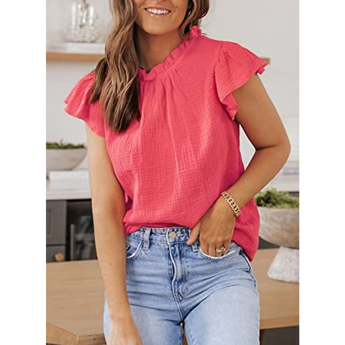 Dokotoo 2023 Stylish Ladies Tops and Blouses Solid Cotton Causal Crewneck Smocked Ruffle Short Sleeve Shirts Comfy Loose Fit Tunic Summer Sexy Tops for Women Rose M