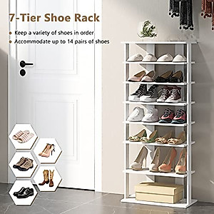 Giantex 7-Tier Wooden Shoe Rack, Patented Double Row Shoe Organizer for 14 Pairs, Customizable Height, Space-saving Shoe Storage Stand for Entryway, Hallway, Living Room, Bedroom (White, Double)