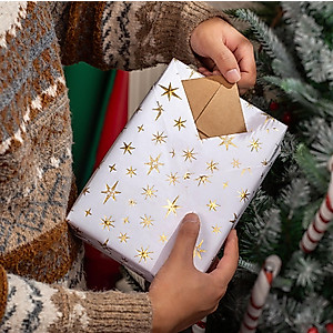 Flyhill White Wrapping Paper-17inch*197inch（ 23.4sq.ft.ttl Per Roll - White Gold 3D Embossed Foil Star Pattern for Christmas,Birthday, Party,Wedding,Bridal Shower Shower,Thanksgiving