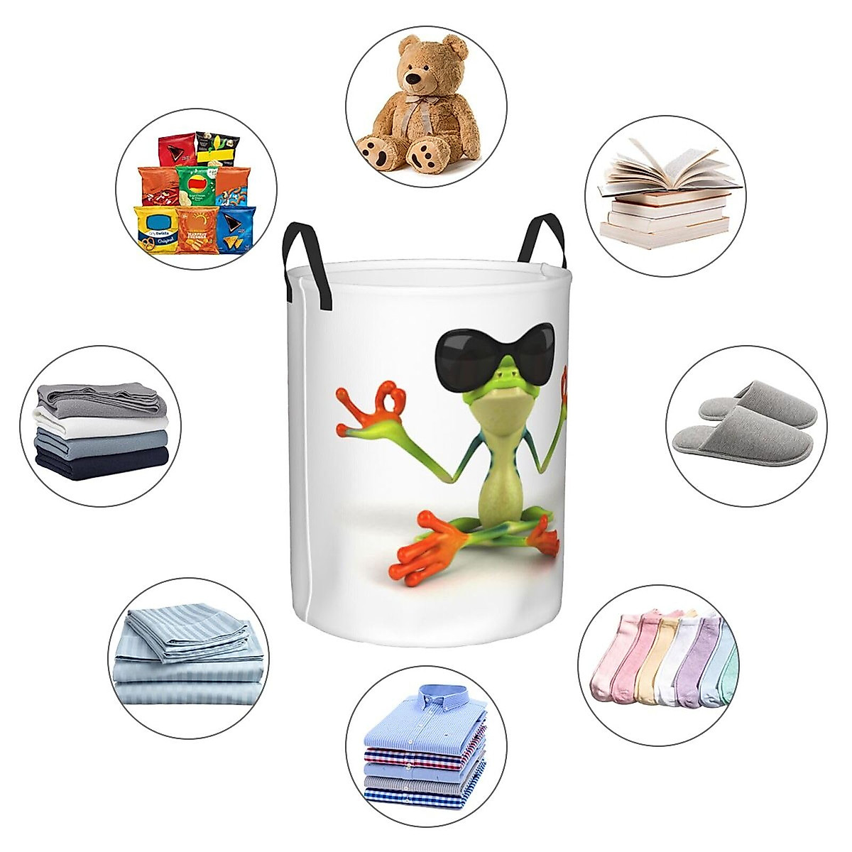 FOISIIAEA Laundry Basket,Funny Frog Wearing Glasses Bathroom Organizer Basket Waterproof Foldable Cloth Hamper with Lining for Home Storage