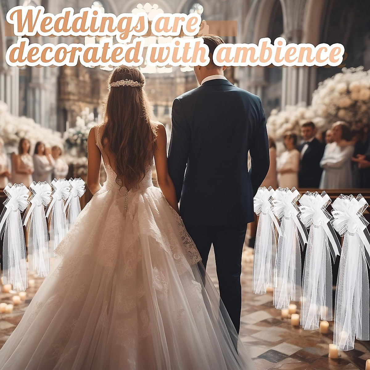 FineCheer 12 Set Large Wedding Pew Bows with Long Tulle Tails Wedding Pew Bows Church Chair Aisle Decorations Wedding Car Decoration Big Bows for Bridal Shower Reception Birthday Anniversary(White)