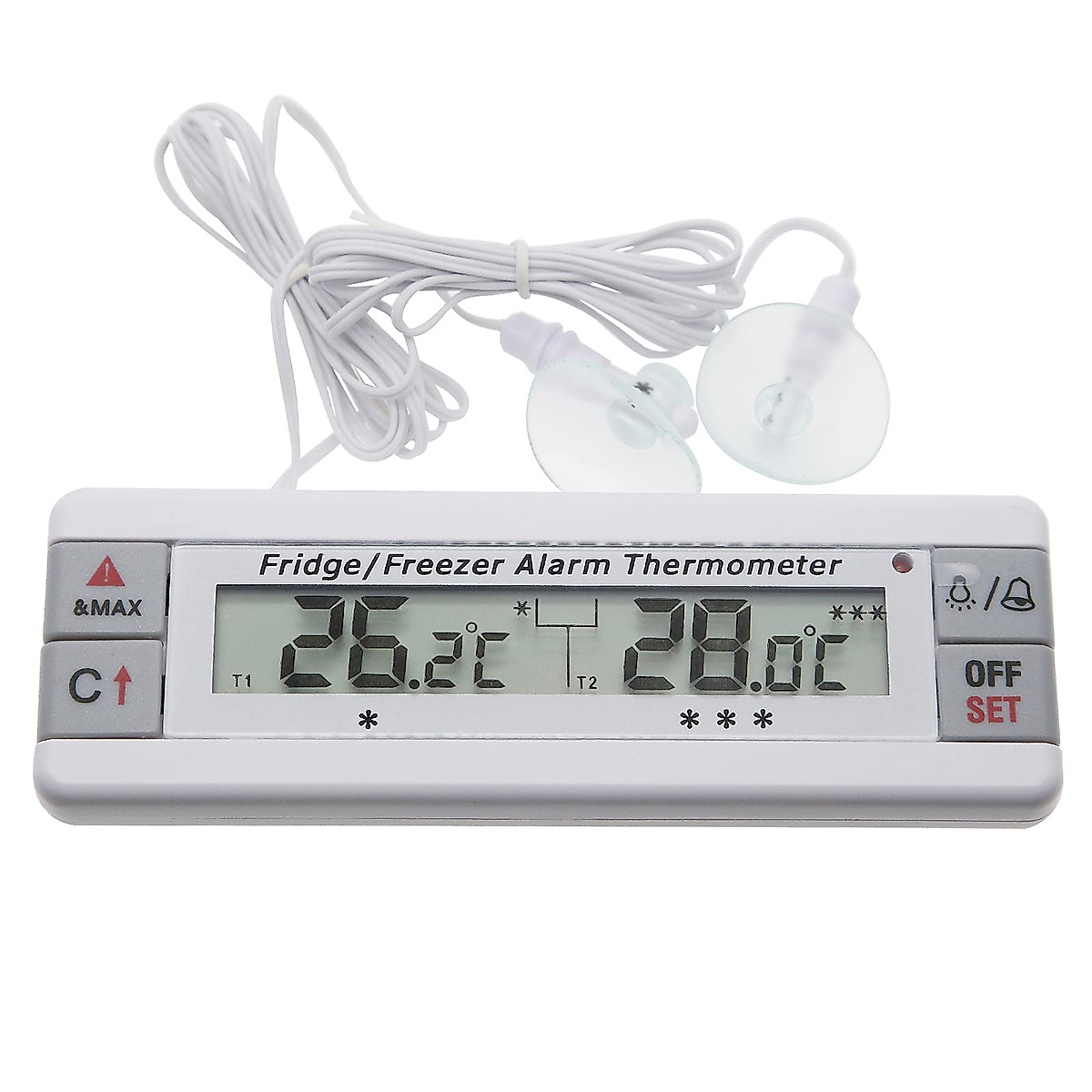 Refrigerator/Freezer Alarm Thermometer 2 Channel Fridge Thermometer with LED Alarm Indicator Max/Min Memory for Home Kitchen Restaurants Bars Cafes