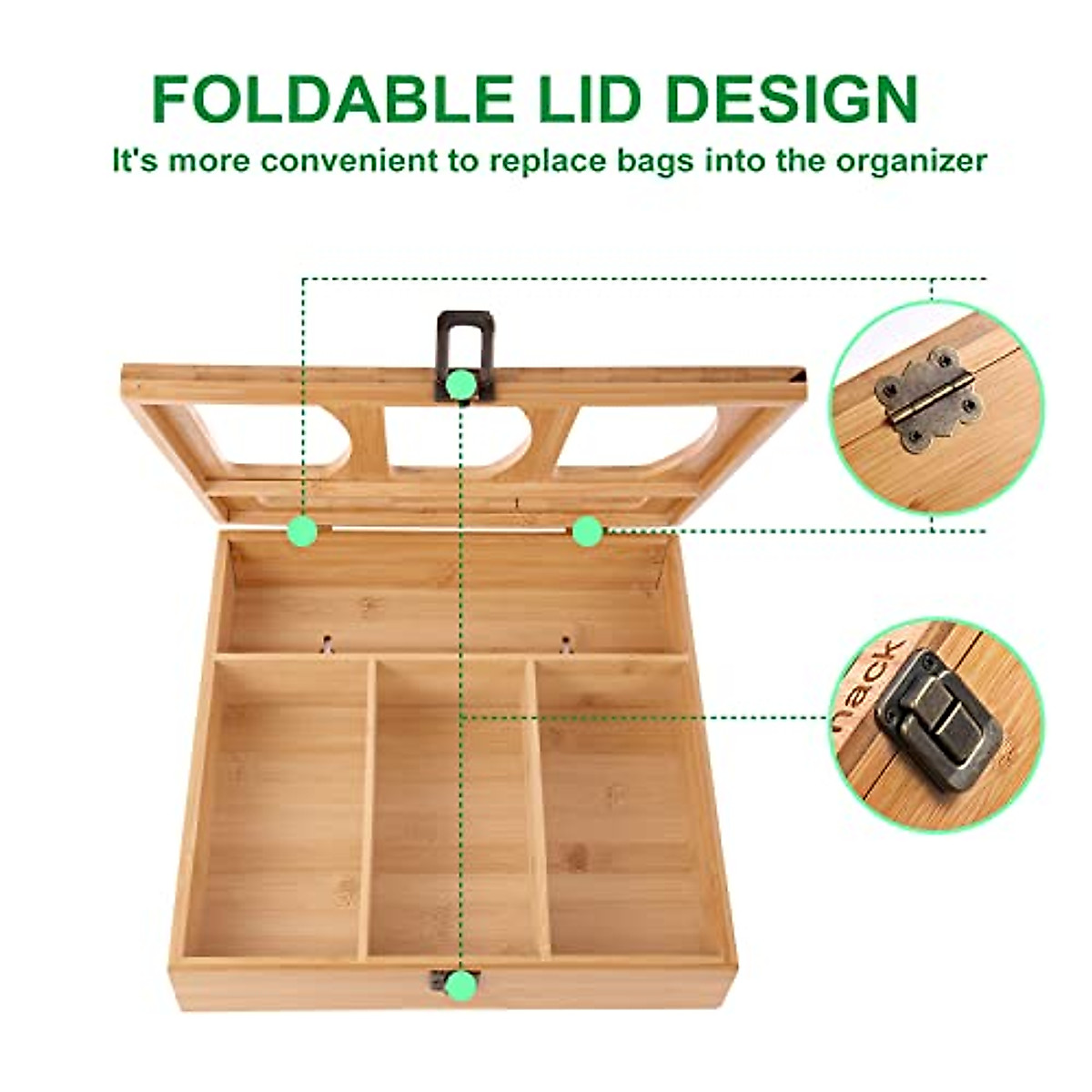 Ziplock Bag Storage Organizer For Drawer, Bamboo Food Storage Bags Dispenser For Kitchen Pantry, Baggie holder With Openable Top Lids Compatible With Gallon, Quart, Snack & Sandwich Variety Size Bags