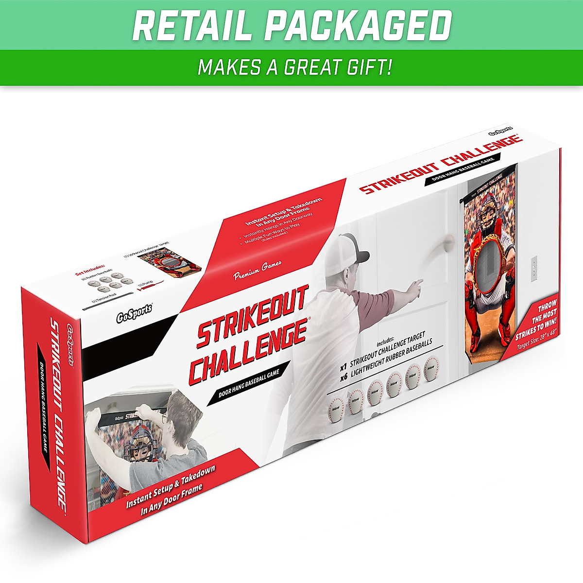 GoSports Strikeout Challenge Baseball Toss Doorway Game - Includes Universal Door Frame Tension Rod and Inflatable Baseballs with Ball Pump