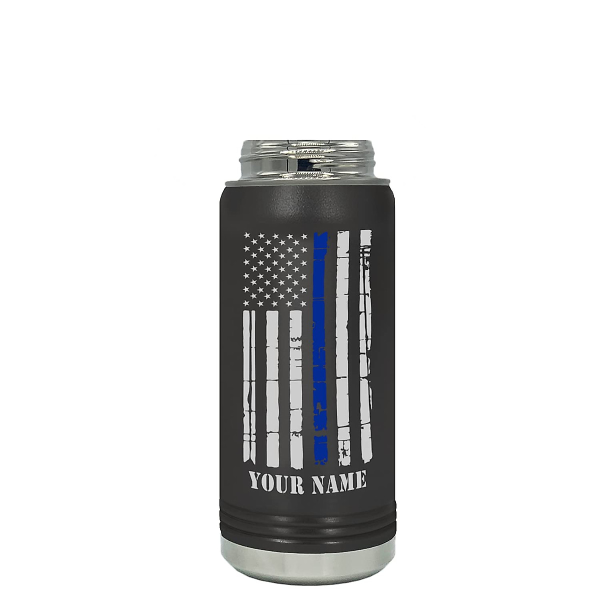 Cuptify Personalized Distressed Blue Line Police Flag on Black Sports Bottle with Straw 20 oz Stainless Steel Vacuum Insulated Bottle Gift for Police, Academy, Graduation