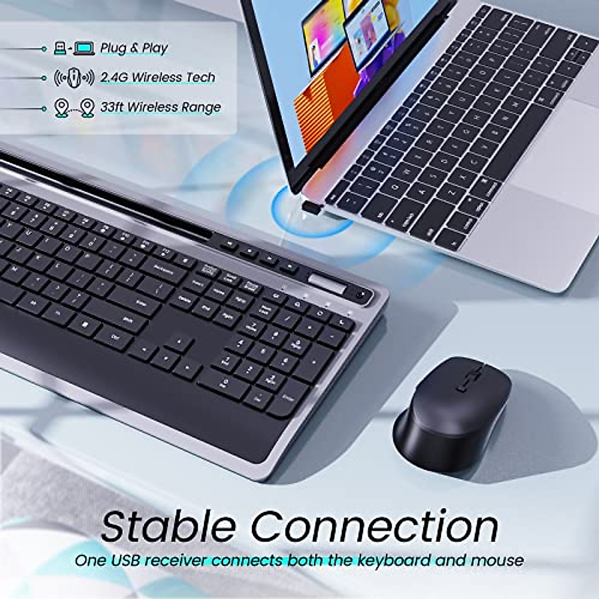 Wireless Keyboard and Mouse Combo, VEILZOR 2.4G Ergonomic Computer Keyboard and Mouse Set, Full Size Cordless USB Keyboard and Mouse Phone Holder for Mac, Laptop Tablet and Computer(Black)