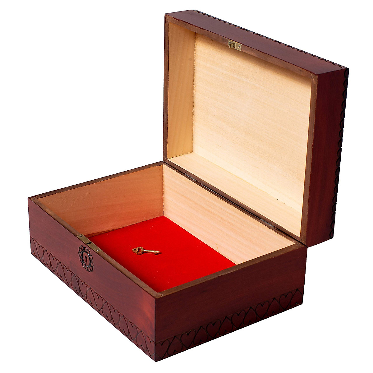 Artisan Owl Polish Handmade Large Trunk 10" Heart Patterned Wooden Box with Lock and Key for Keepsakes, Love Letters, Jewelry, and Specialty Items