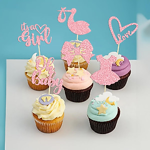 Gyufise 36 Pack Oh Baby Cupcake Toppers It's a Girl Cupcake Toppers with Bow Dress Love Heart Pink Glitter Cake Picks Decorations for Baby Shower Girl Birthday Party Supplies
