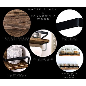 Peter's Goods Rustic Floating Wall Shelves with Rails - Decorative Storage for Kitchen, Bathroom, and Bedroom - Elegant, Modern Shelving - Torched Paulownia Wood, Matte Black Metal Frame - Set of 2