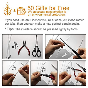 【Premium】100 Pcs 8 inch Candle Wick, Natural Cotton Low Smoke Candle Wick with 50 Metal Tabs for Soy Beeswax Candle Making