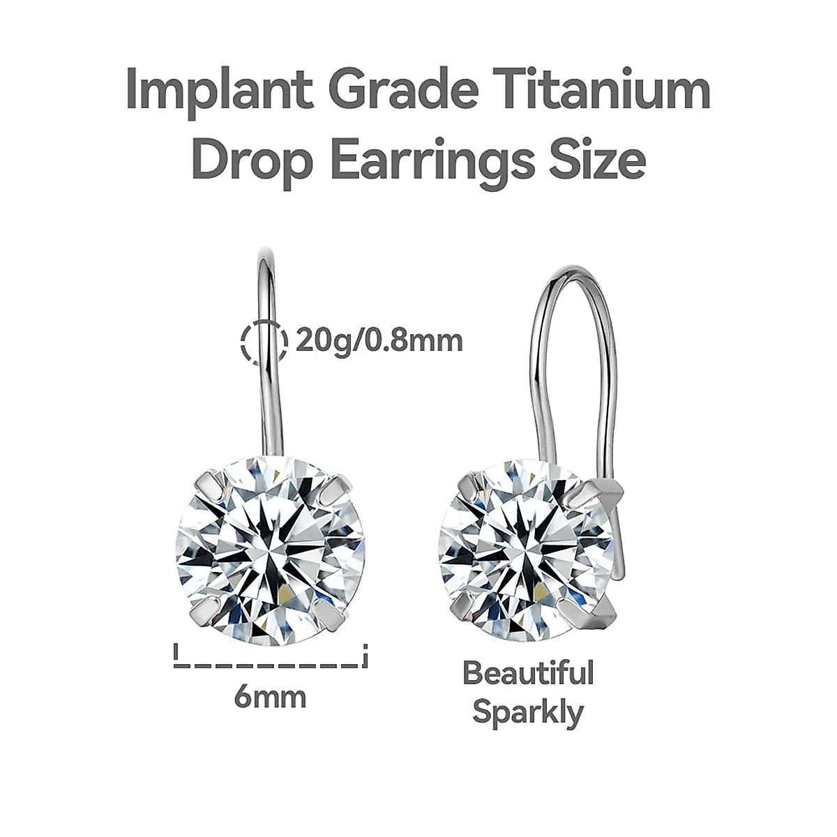 Limerencia Hypoallergenic Pure Titanium Cubic Zirconia Dangle Hoop Earrings,Lightweight Drop Earrings Round bright zirconia size 8 mm (5/16inch) for Sensitive Ears Women (6 mm, Silver)