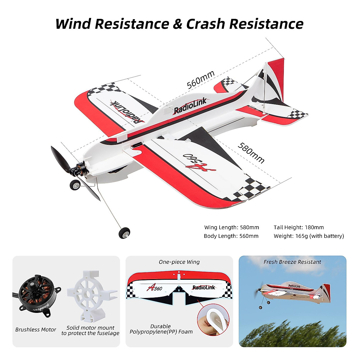 Radiolink A560 Ready to Fly (RTF) 3D RC Airplane 580mm Wingspan with Byme-A Gyro FC, 6 Flight Modes, Brushless Motor 15A ESC RC Plane, T8S TX & R8XM RX Voltage Telemetry for Beginner or Experienced