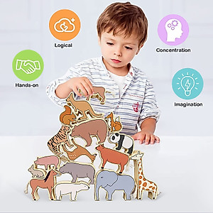 Xylolin Wooden Zoo Animal Blocks Stacking and Balancing Toy, Toddler Wood Animal Figures Blocks Imaginative Play, Preschool Educational Toys and Stack Balance Games for Kids