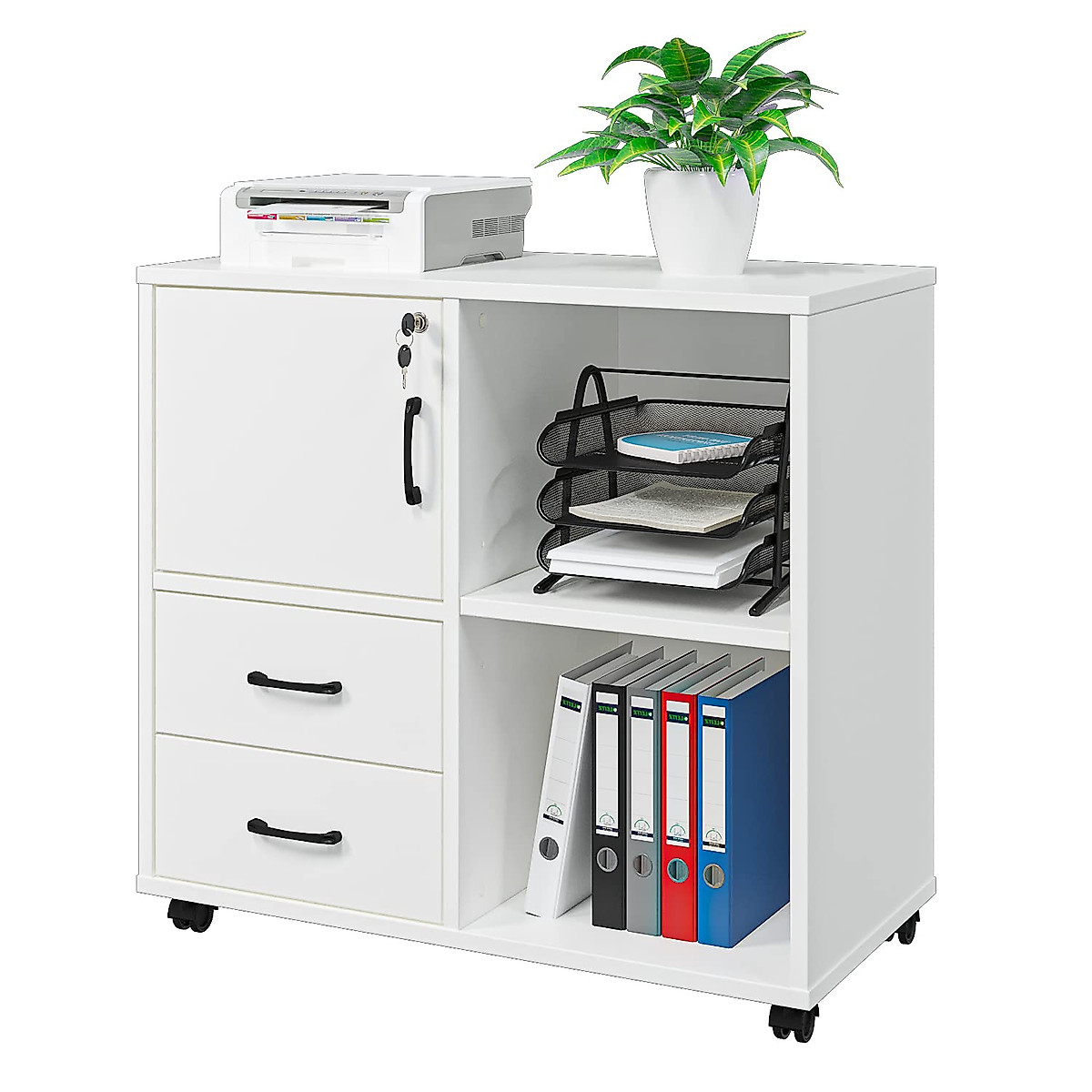 Office Storage Cabinet with 2 Drawers, Modern Rolling Cabinet with 3 Storage Shelves Printer Stand Table with Wheels for Home Office Storage (White)