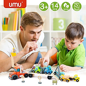 UMU Construction Toy Cars 14 PCS Wooden Kids Mini Vehicles for Toddlers, Compatible to Thomas Train Toys Railway and Major Brands, Best for 3 to 5 Year Old Boys and Girls