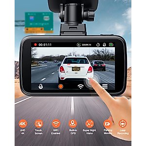 YEECORE D11 Dash Cam Built-in WiFi GPS,4K Touch Screen Camera Recorder with Night Vision, Parking Monitor,G-Sensor，Night Vision Car Camera