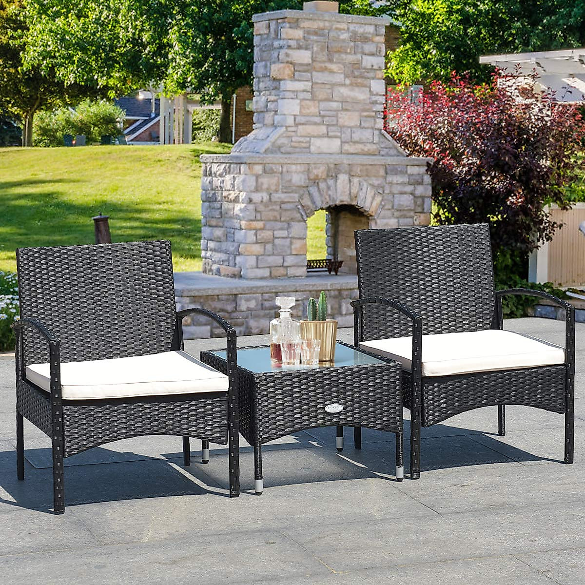 Tangkula 3 PCS Patio Wicker Rattan Furniture Set, Rattan Chair with Coffee Table, High Load Bearing Chair Conversation Sets for Patio Garden Lawn Backyard Pool (Black)