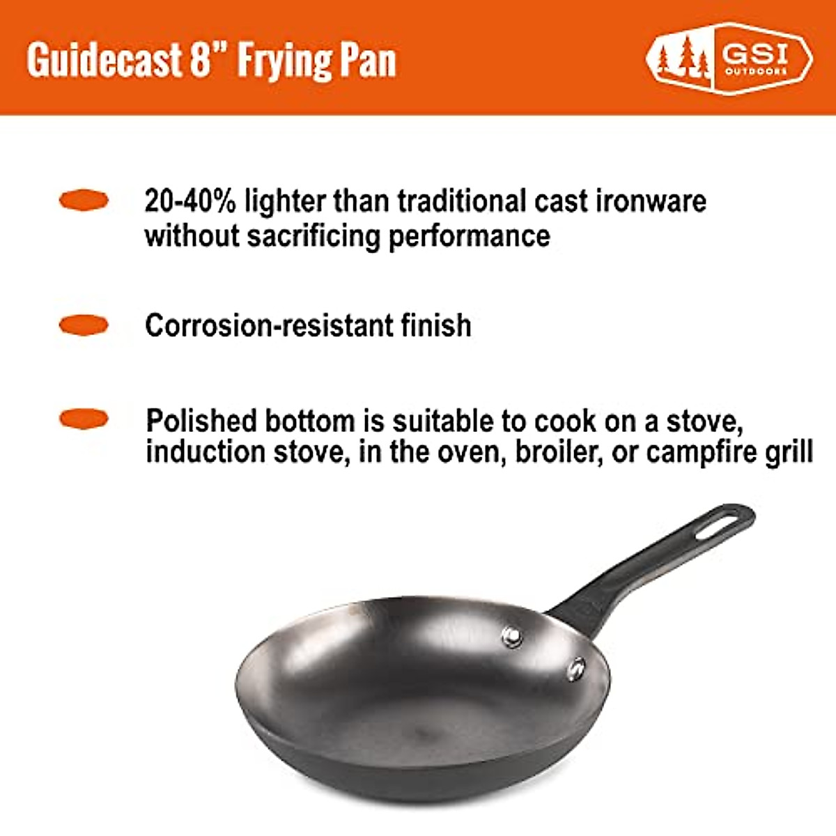 GSI Outdoors Guidecast 8” Frypan I Cast Iron, Lightweight, Gourmet Frying Pan, Camp Cookware