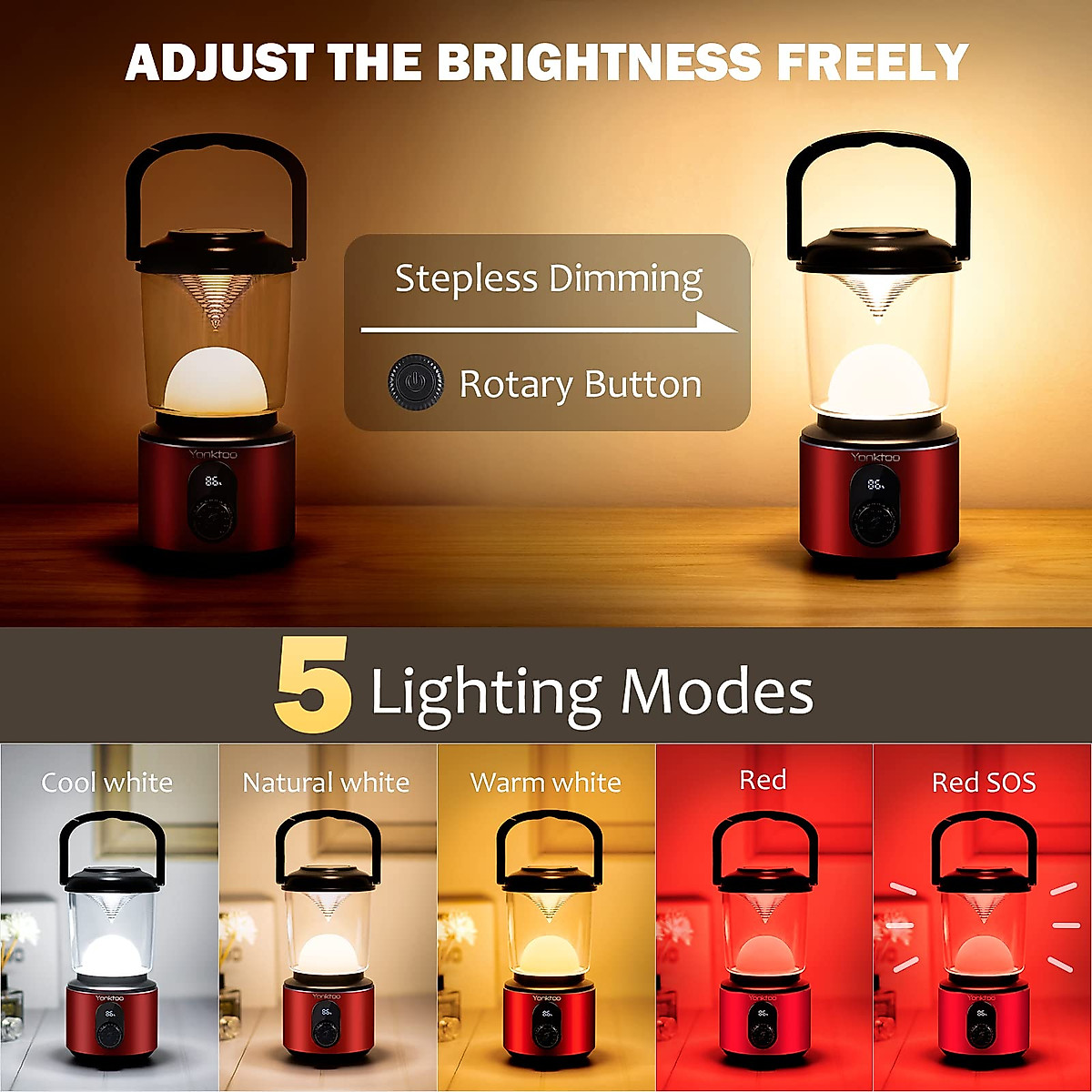Yonktoo LED Rechargeable Camping Lantern, 10400 mAh Rechargeable Aluminum Camping Light & Flashlight , 5 Light Modes, IPX5 Waterproof, Hurricane Emergency light, Hiking, Home, USB Cable Included (Red)