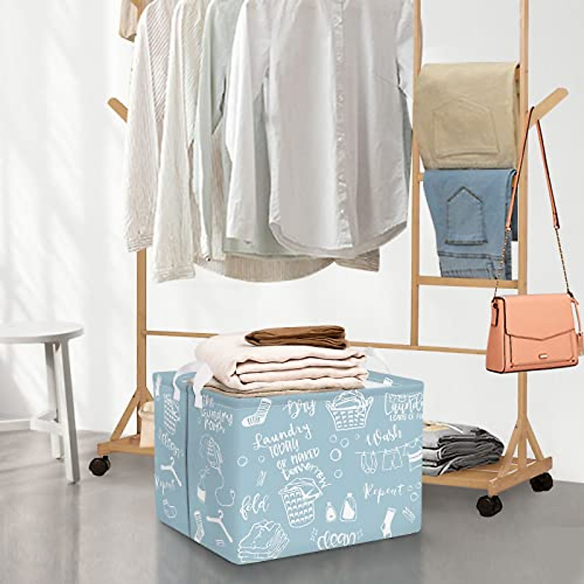 Clastyle Rectangular Blue Laundry Theme Storage Bins Waterproof Simple Fun Words Hanger Iron Laundry Basket Detergent Bubble Storage Basket for Toys Clothes Bedroom, 15.7x11.8x11.8 in