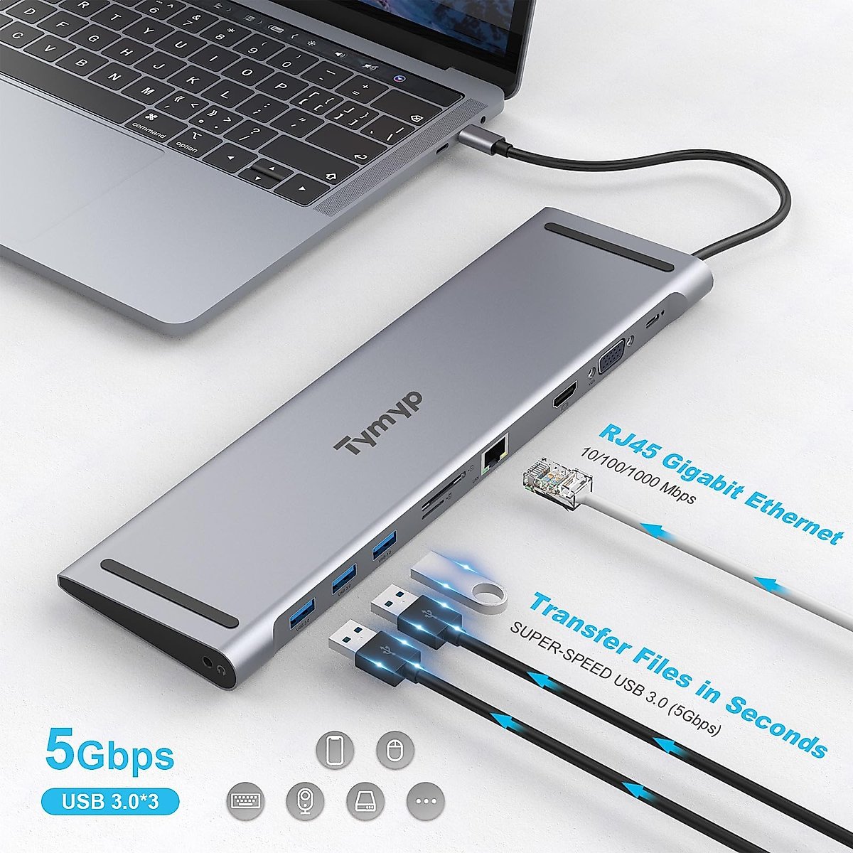 USB C Docking Station for Laptop, USB C Hub 10 in 1 USB C Adapter Docking Station with 4K HDMI & VGA, 3 x USB 3.0, Gigabit Ethernet RJ45 LAN, USB C PD, SD/TF Card Reader, 3.5 mm Audio/Mic