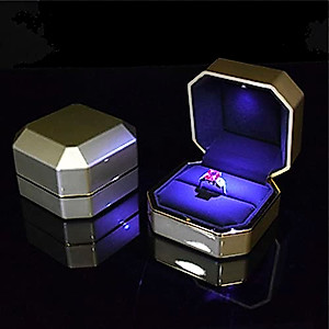 AVESON Luxury Ring Box, Square Velvet Wedding Ring Case Jewelry Gift Box with LED Light for Proposal Engagement Wedding, Gold