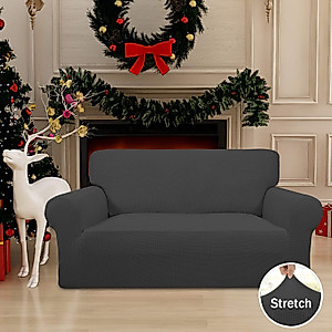 Easy-Going Stretch Loveseat Slipcover 1-Piece Sofa Cover Furniture Protector Couch Soft with Elastic Bottom for Kids Polyester Spandex Jacquard Fabric Small Checks (Loveseat, Dark Gray)