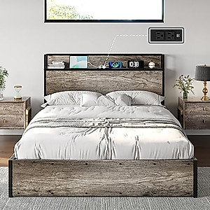 AMERLIFE Queen Size Lift Up Storage Bed Frame, Wooden Platform Bed Frame with Lifting Storage & Charging Station, No Spring Box Needed/Noise Free, Rustic Grey