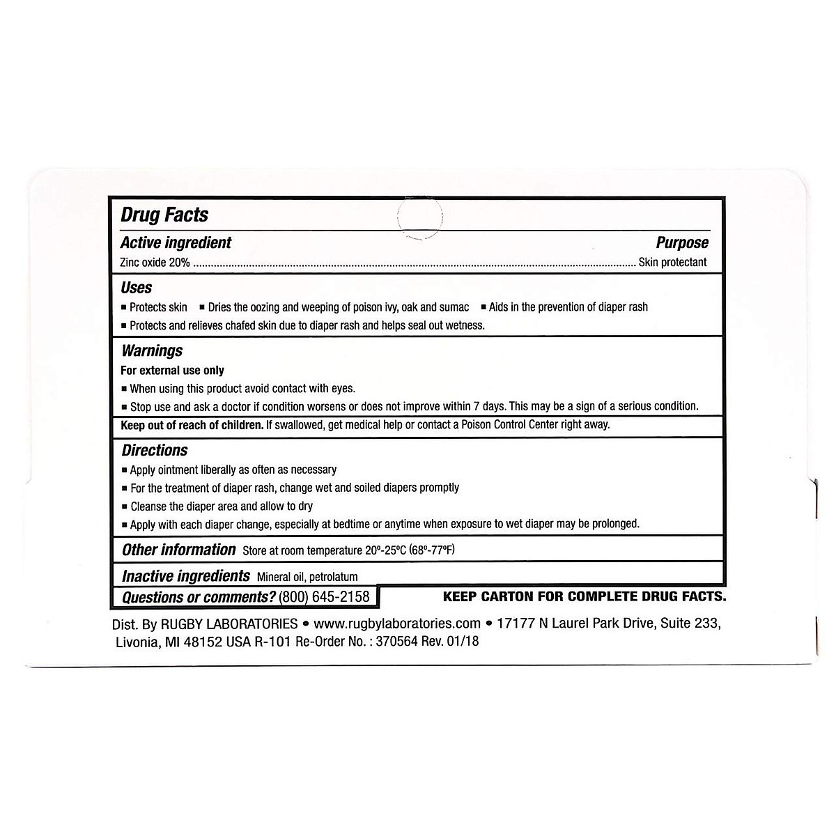 Rugby Zinc Oxide 20 Skin Protectant Ointment Relief for Diaper Rash Chafed Skin Poison Ivy, Clear, 2.11 Ounce