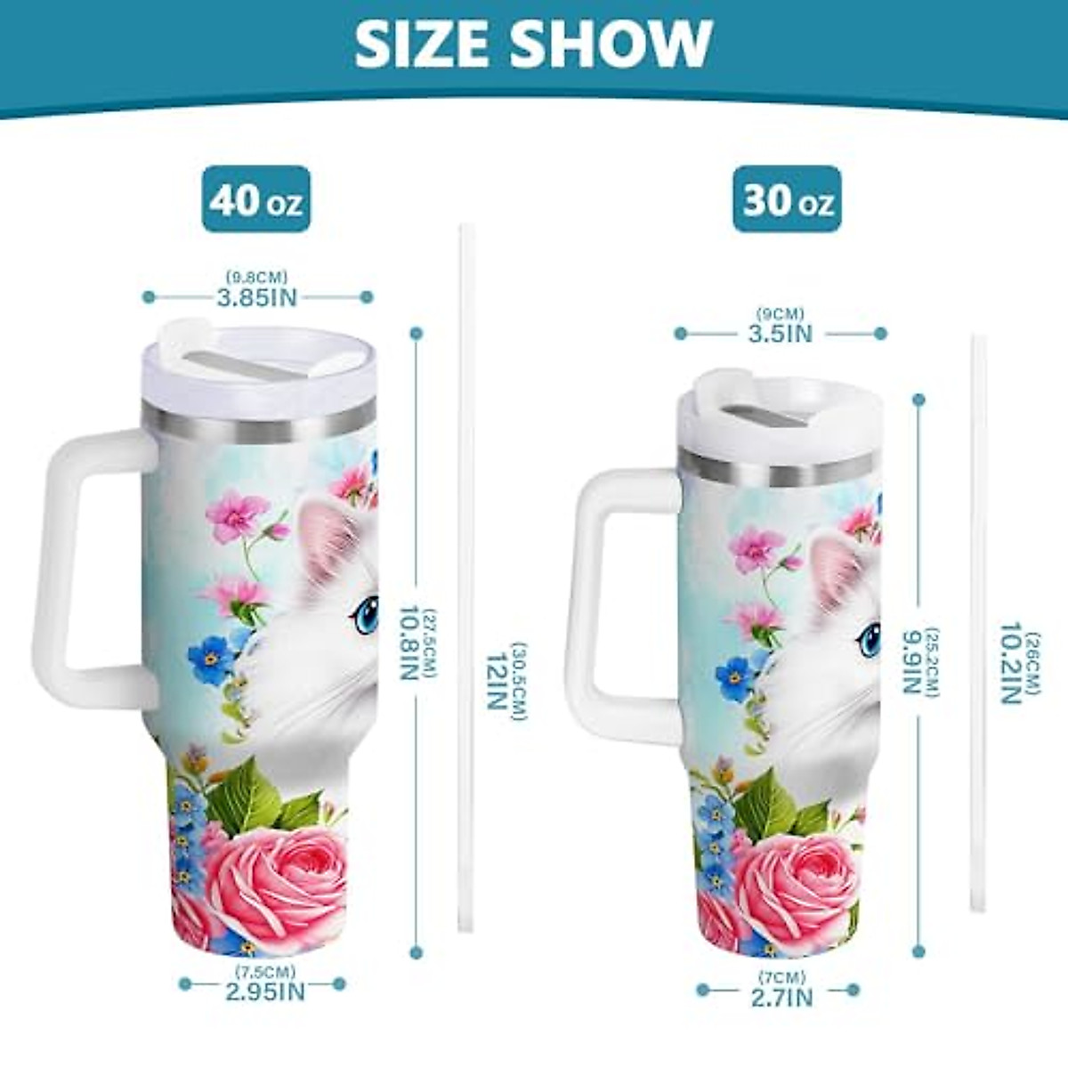 Cozy White Cat Rose 40 Oz Tumbler with Handle, Stainless Steel Cups with Lid, Travel Coffee Tumbler