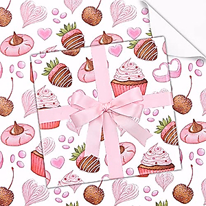Cupcake Strawberry Doughnuts Heart Printed Gift Wrapping Paper, Sweet Dessert Birthday Gfit Wrap Paper Folded Flat with 1 Roll Pink Ribbon for Baby Shower Party Holiday Kids Girls Boys Gift Wrap Set