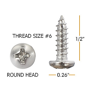 Jigreat #6 x 1/2" Pan Head Wood Screws Stainless Steel 304 (18-8) Phillips Drive 100 Pieces Round Head Full Thread SS Screw