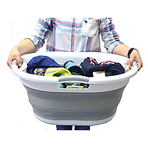 SAMMART 36L(9.5 gallon) Collapsible Plastic Laundry Basket-Oval Tub/Basket-Foldable Storage Container-Portable Washing Tub-Space Saving Laundry Hamper,Water capacity 27L(7.1 gallon) (Grey, 1)