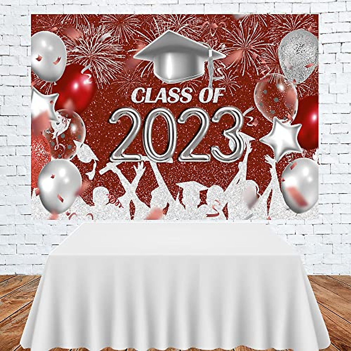 Lofaris Class of 2023 Party Backdrop Red and Silver Congrats Grad Graduation Caps Photography Background Celebration Graduation Prom Party Decor Supplies Photo Booth Banner 7x5ft