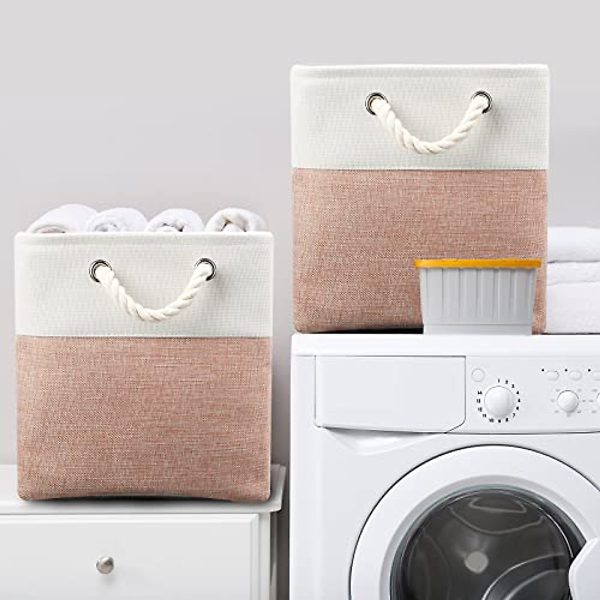 9 Pieces Cube Storage Bins 11 x 11 x 11 Inch Fabric Storage Cubes Basket Cube Storage Organizer Bins Baskets for Cube Storage Collapsible Storage Bins White and Pink for Closet Shelves, Clothes Toys