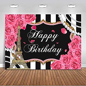 Mocsicka Paris Birthday Backdrop 7x5ft Black White Stripe Pink Rose Effel Tower Happy Birthday Photo Booth Backdrops Sweet 16th Photography Studio Background