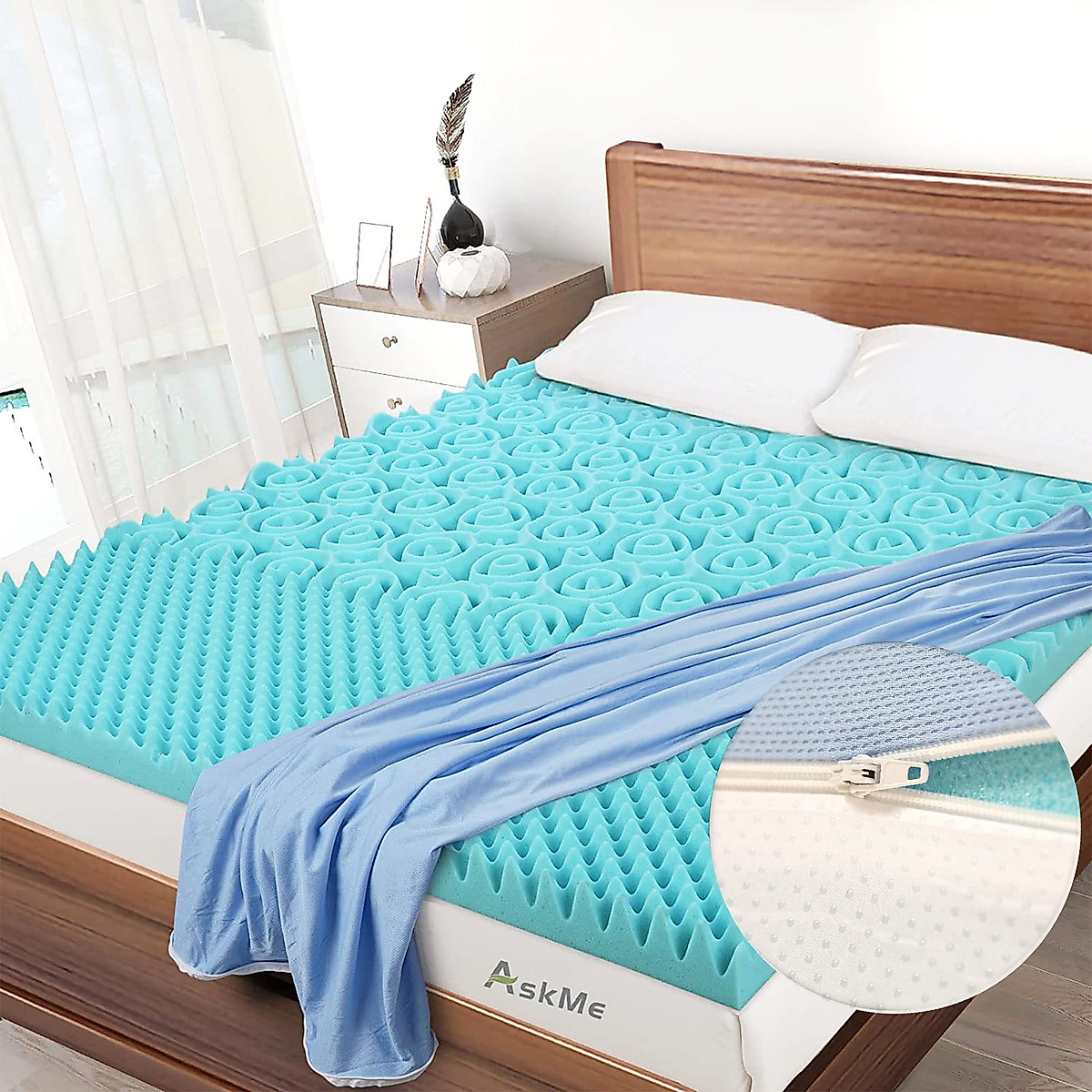 Askme 3 Inch Zoned Gel Memory Foam Mattress Topper Full Size with Bonus Breathable Cover Air Flow Design｜US and Euro Certified, Blue 3 Inch Zoned (GJTGC03-46)