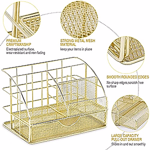 POPRUN Desk Organizers and Accessories for Women with Drawer, Cute Desk Supplies and Stationary Oganizer for Home and Office Desk Decor, Metal Mesh Desk Organization and Storage (Gold)