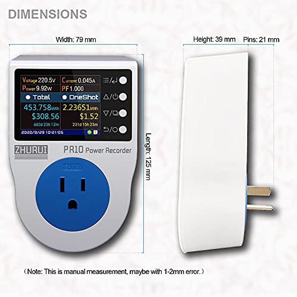ZHURUI PR10-E US15A Power Meter Plug/Home Power metering Socket/watt Meter/2.4 inch TFT Color LCD/0.5FS(New)