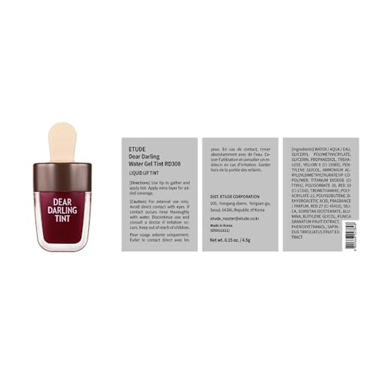 ETUDE Dear Darling Water Gel Tint Ice Cream (RD308 Honey Red) (21AD) | Vivid High-Color Lip Tint with Minerals and Vitamins from Soap Berry Extract to Moisture Your Lips