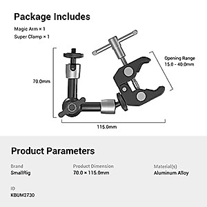 SmallRig Super Clamp w/ 1/4" and 3/8" Thread and 5.8 Inches Adjustable Friction Power Articulating Magic Arm with 1/4" Thread Screw for LCD Monitor/LED Lights - KBUM2730