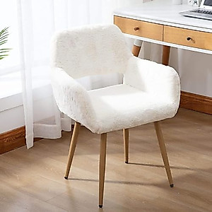 White Faux Fur Desk Chair with Wood-Like Metal Legs,Furry Makeup Vanity Chair for Girls Women,Cute Kids Chair,Fluffy Home Office Chair Without Wheels for Living Room,Bedroom