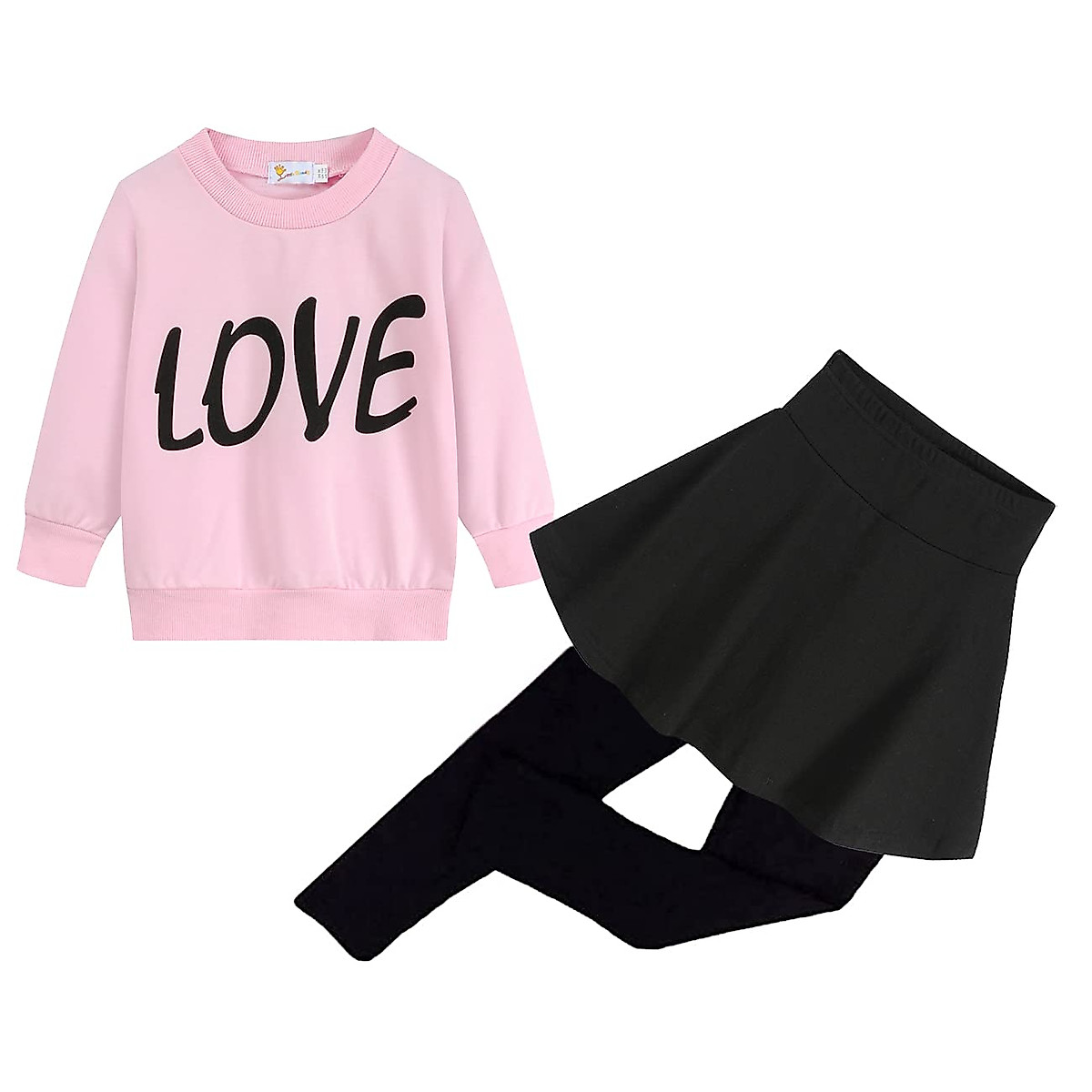 DDSOL Toddler Little Girl Clothes Set Valentine Outfit Pink Love Heart Long Sleeve Sweatshirt Top and Pant with Legging Skirt Kid Fall Clothing 2PCS Size 7/8