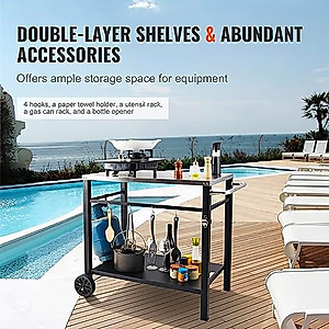 VEVOR Outdoor Grill Dining Cart with Double-Shelf, BBQ Movable Food Prep Table, Multifunctional Stainless Steel Table Top, Portable Modular Carts for Pizza Oven, Worktable with 2 Wheels, Carry Handle