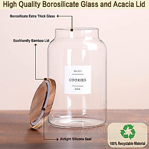 1 Gallon Large Glass Cookie jar with Airtight Acacia lids - Thicken Big Food Storage Containers with 42 Kitchen Waterproof Pantry Labels Preprinted - Clear Glass Canister for Flour, Rice, Coffee